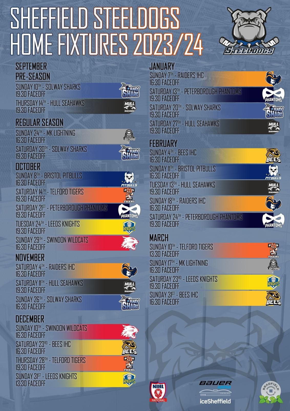 Steeldogs Fixtures Confirmed – Sheffield Steelers